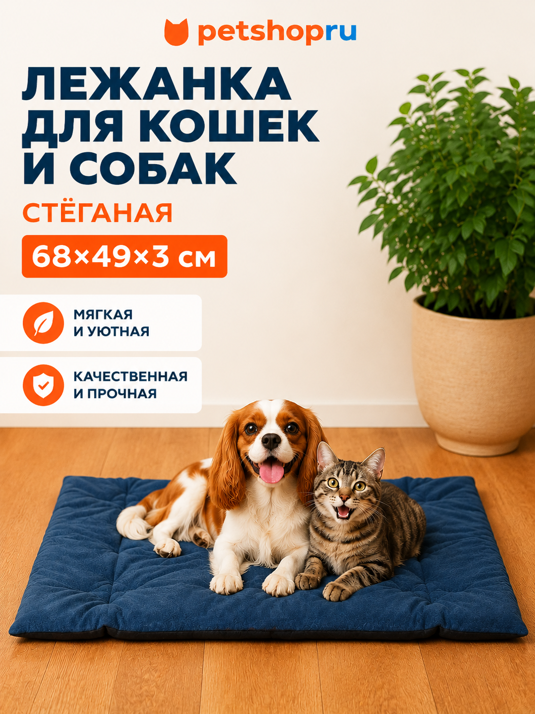 PETSHOP Подстилка прямоугольная стёганая для кошек и собак, синяя 68*49*3см