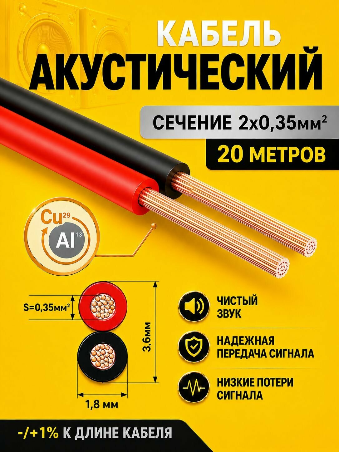 Кабель акустический двужильный 2х0,35 омедненный 20 метров; провода для автозвука; акустический провод швпм