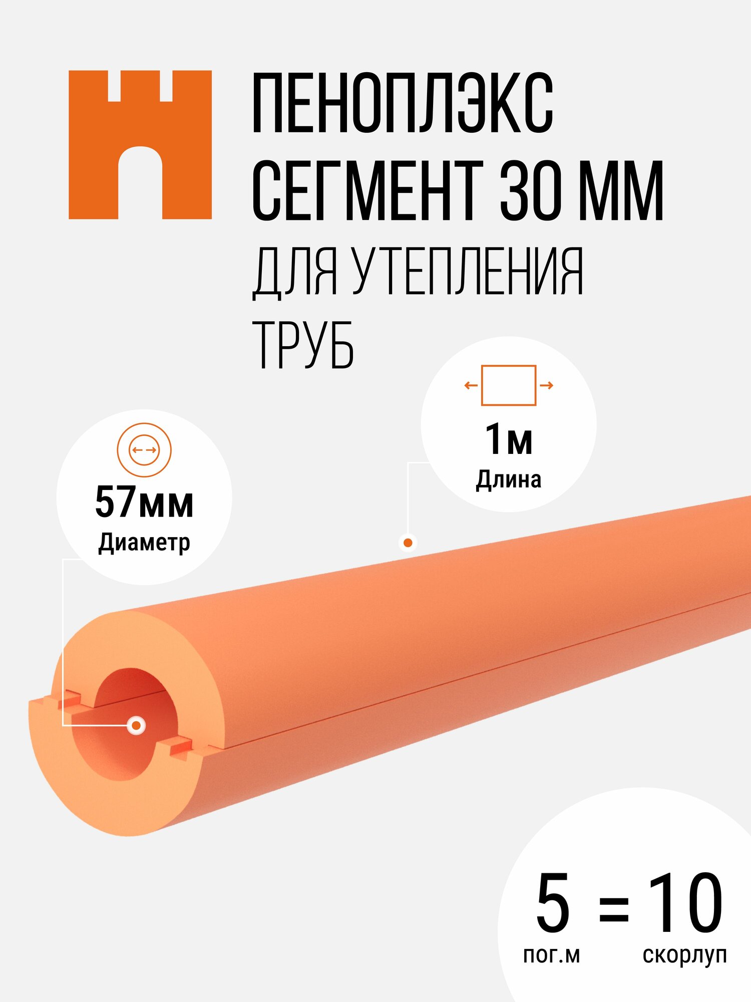 Утеплитель пеноплэкс для труб диаметром 57мм, скорлупа XPS 30мм, 5 пог. м, 10 скорлуп