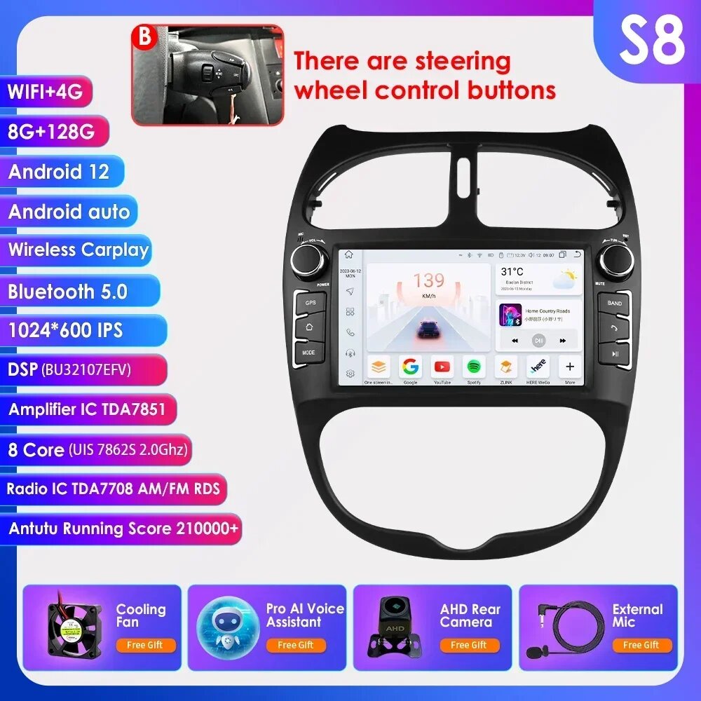 Автомагнитола Android 14 для PEUGEOT 206 206CC 206SW 2000-2005 2006 2007 2008, мультимедийный плеер, GPS-навигация, видео, 7862, 2din, авторадио
