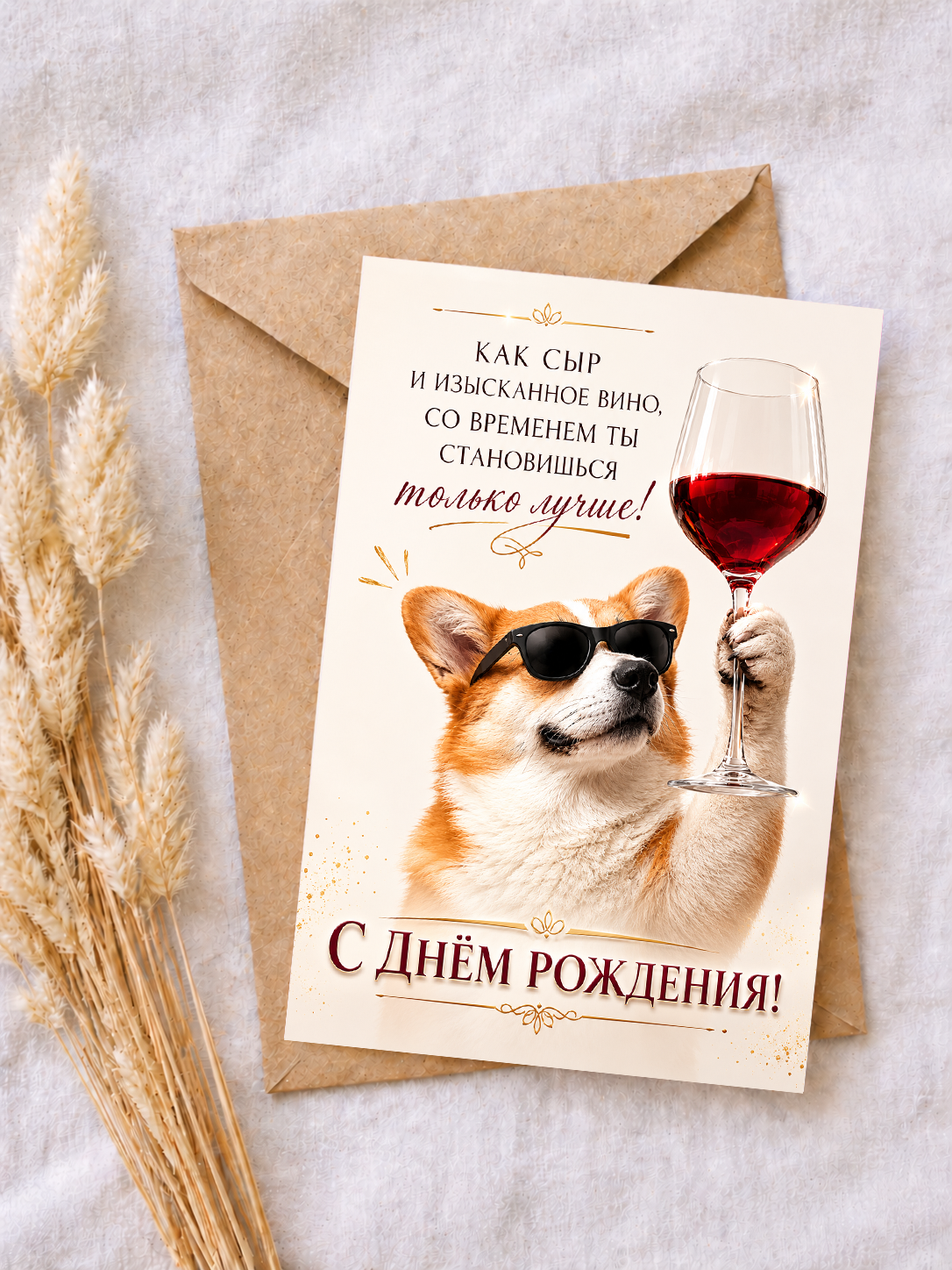 Открытка «Как сыр и вино — только лучше» 10х15 с крафт-конвертом, премиальная открытка с корги на День рождения
