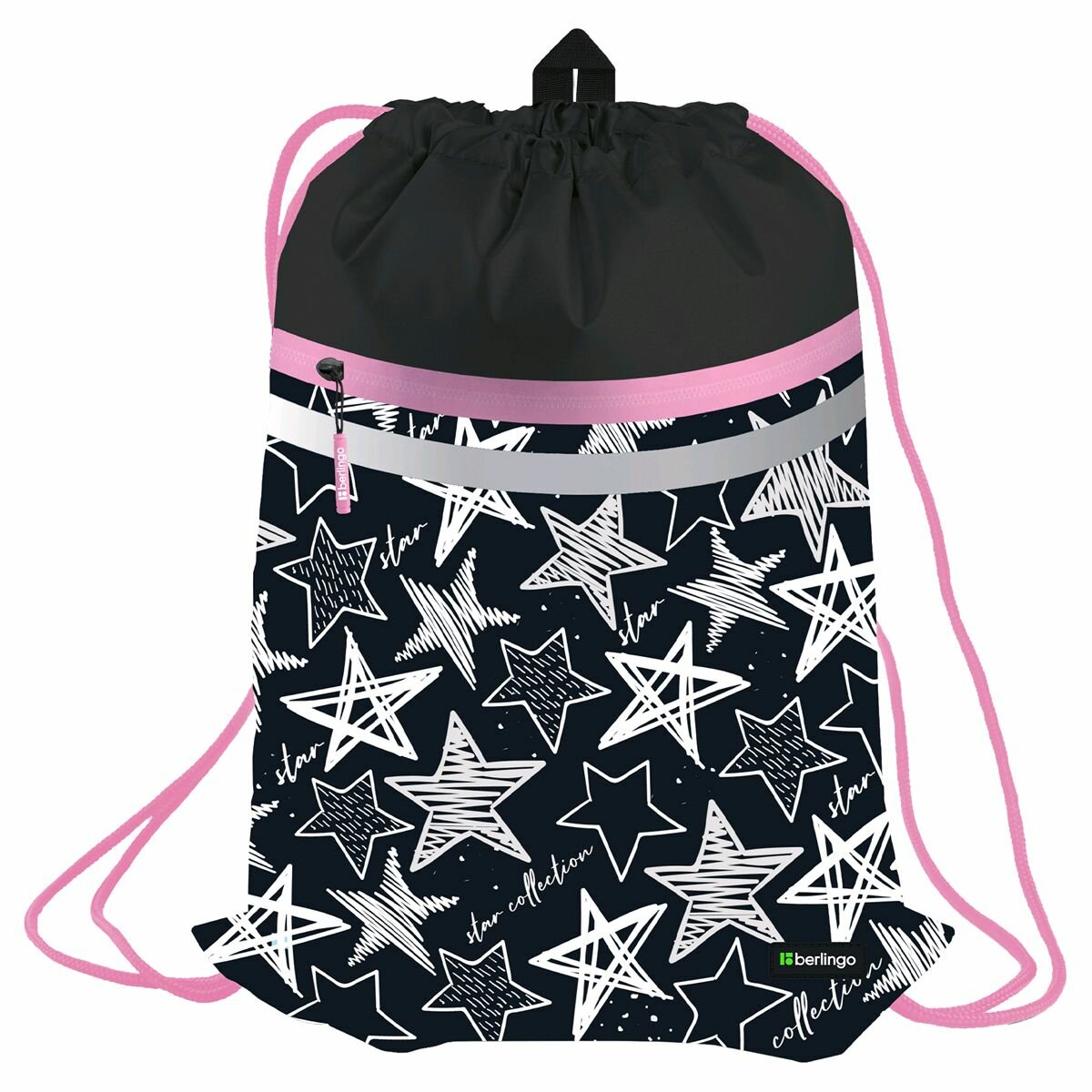 Мешок для обуви 1 отделение Berlingo Glossy stars, 340*460мм, вентиляционная сеточка, светоотражающая лента, карман на молн