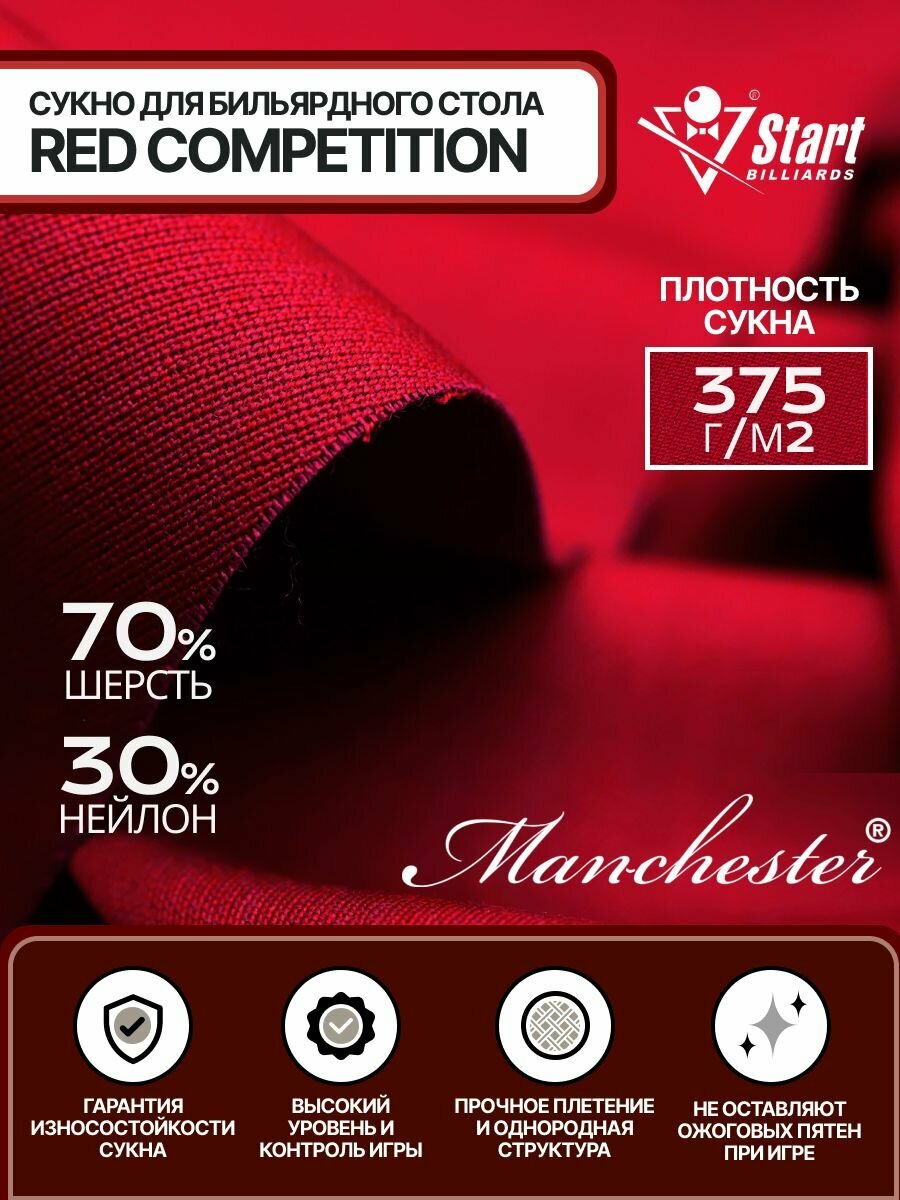 Сукно для бильярдного стола 10 футов Manchester 70 Red competition