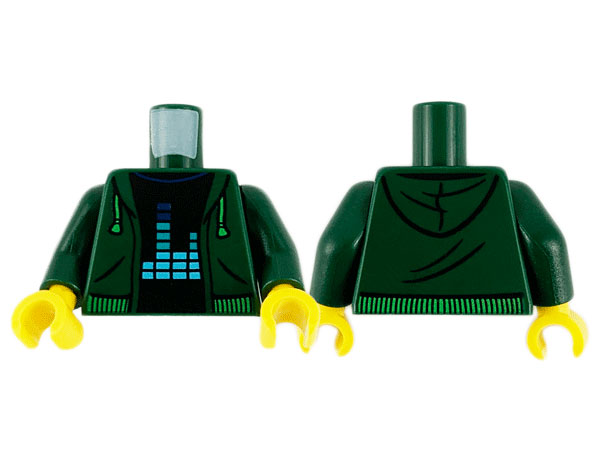 Torso Hoodie with Bright Green Drawstrings and Waistband over Black Shirt with Equalizer Bars Pattern / Dark Green Arms / Yellow Hands, 973pb3780c01 Dark Green U