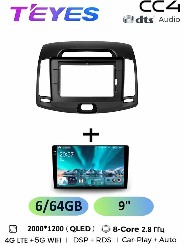Магнитола Teyes CC4 6/64 Gb 9.5 дюймов Hyundai Elantra 4 HD 2006-2012 8-ми ядерный процессор QLED экран 4G Wi-Fi