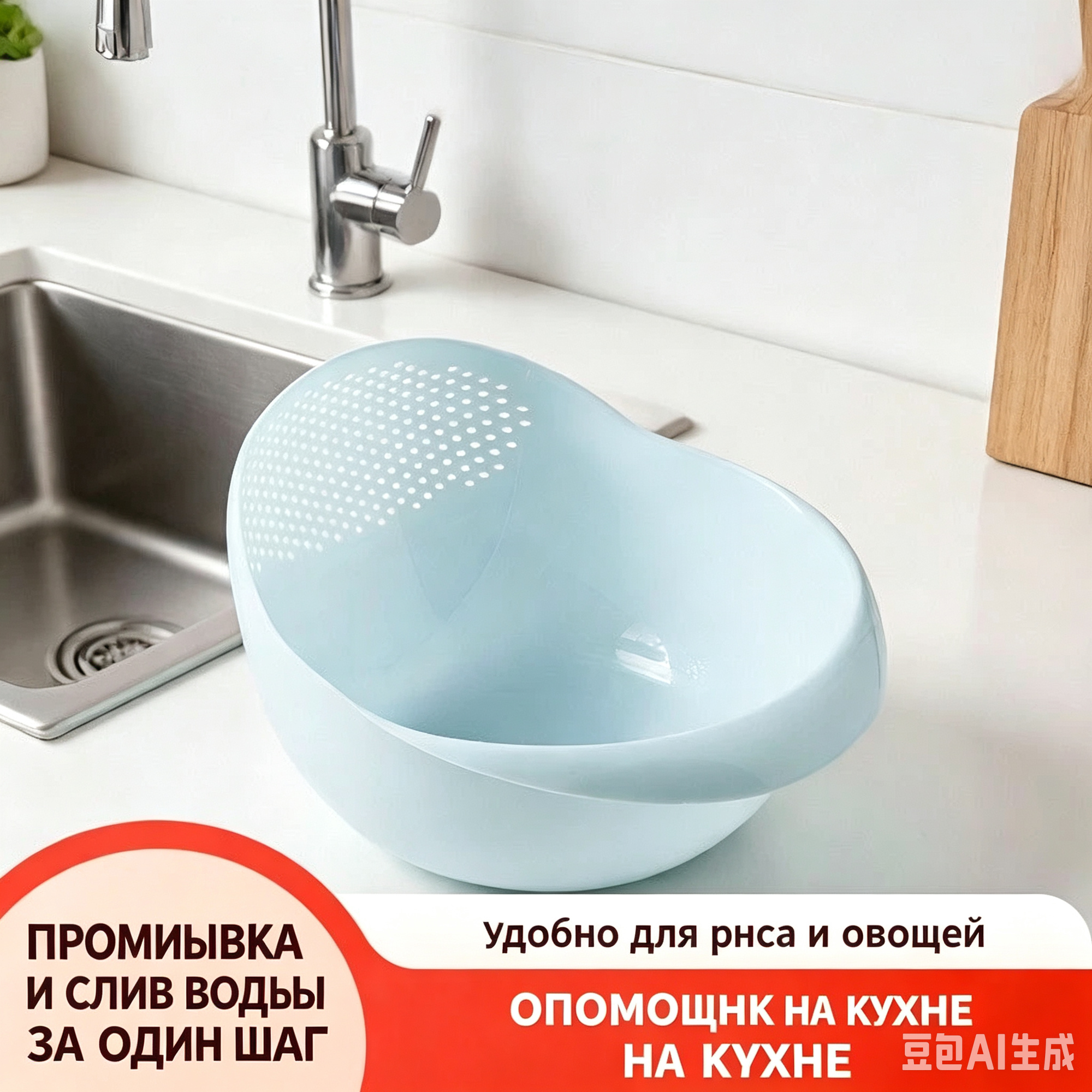 Таз для мытья риса с рисовым ситом Amoy, кухонная многофункциональная сливная корзина, синий 21*16 *8 см