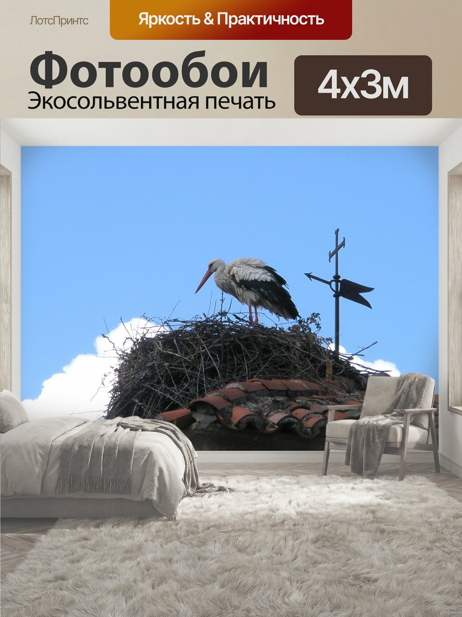 Фотообои "Аист, белый аист, птицы" 400x300 см. экосольвентная печать