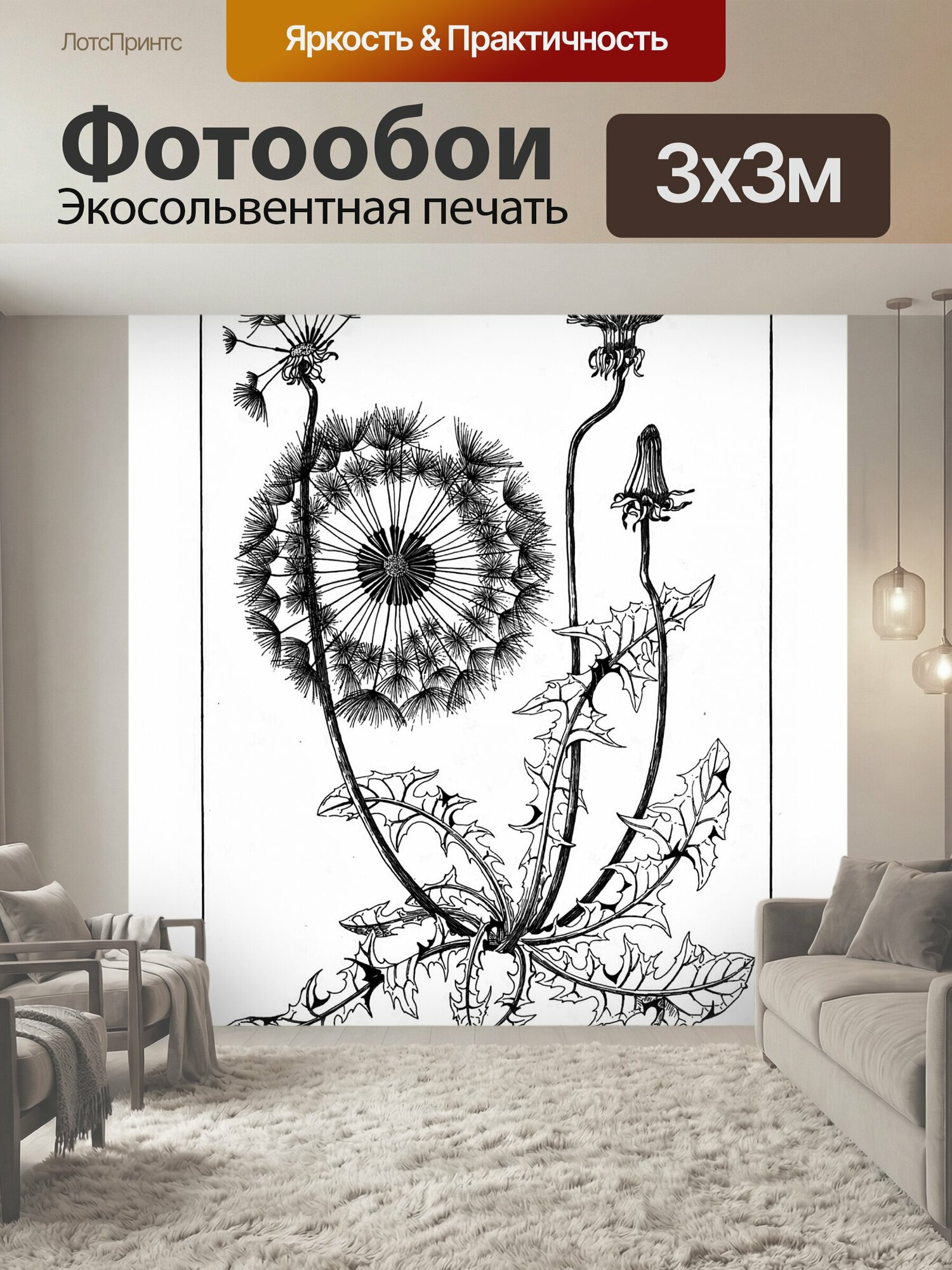 Фотообои "Винтажные иллюстрации одуванчика Старинные иллюстрации цветок одуванчика рисунок графика старый античный образ общественного." 300x300 см. экосольвентная печать