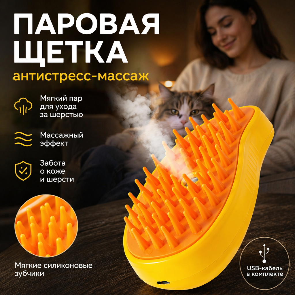 Щетка для купания и груминга питомцев, комфортный, снижает линьку, массажный эффект, силиконовая щетина, паровой уход