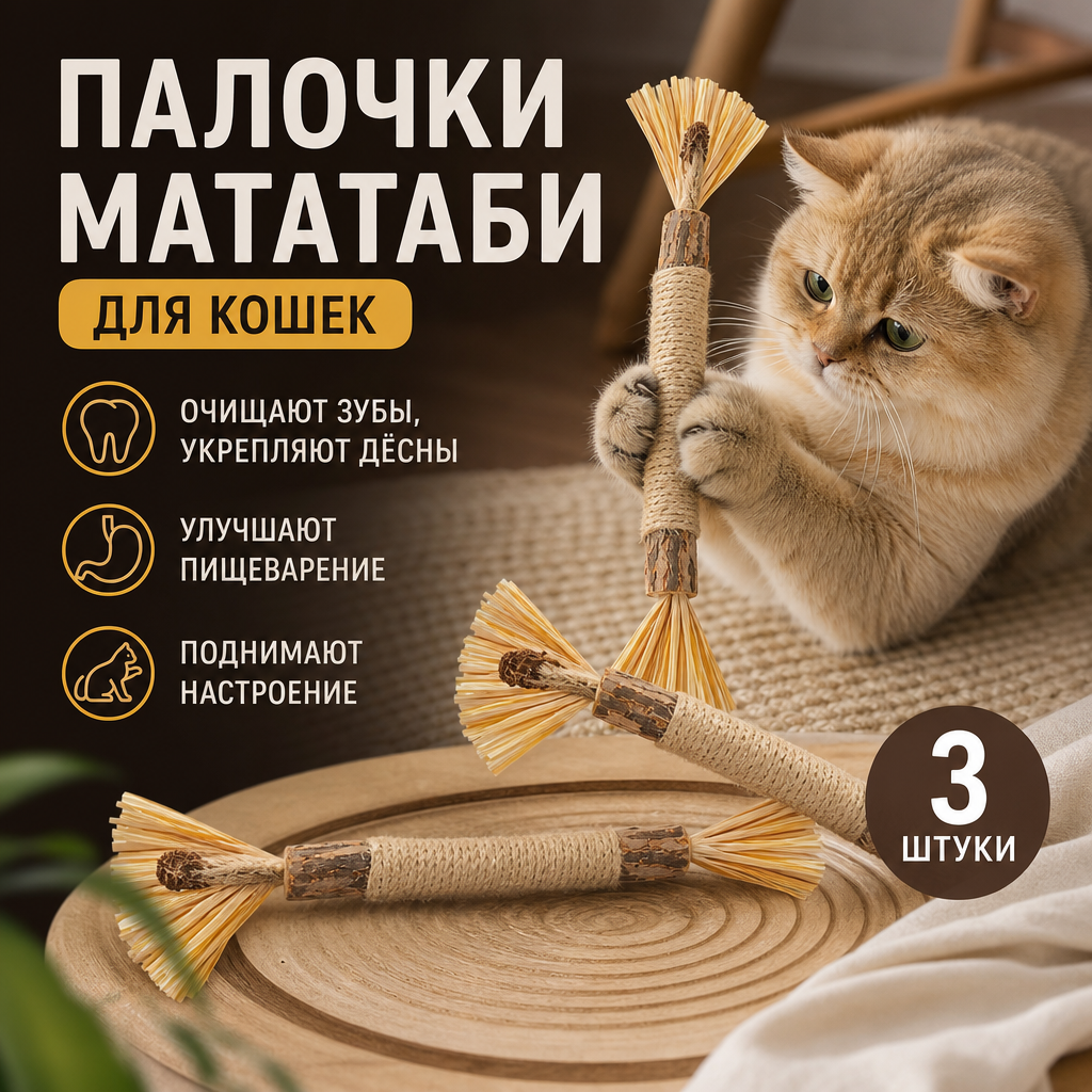 Набор натуральных палочек мататаби для кошек, натуральный мататаби, натуральный материал, набор 3 шт.