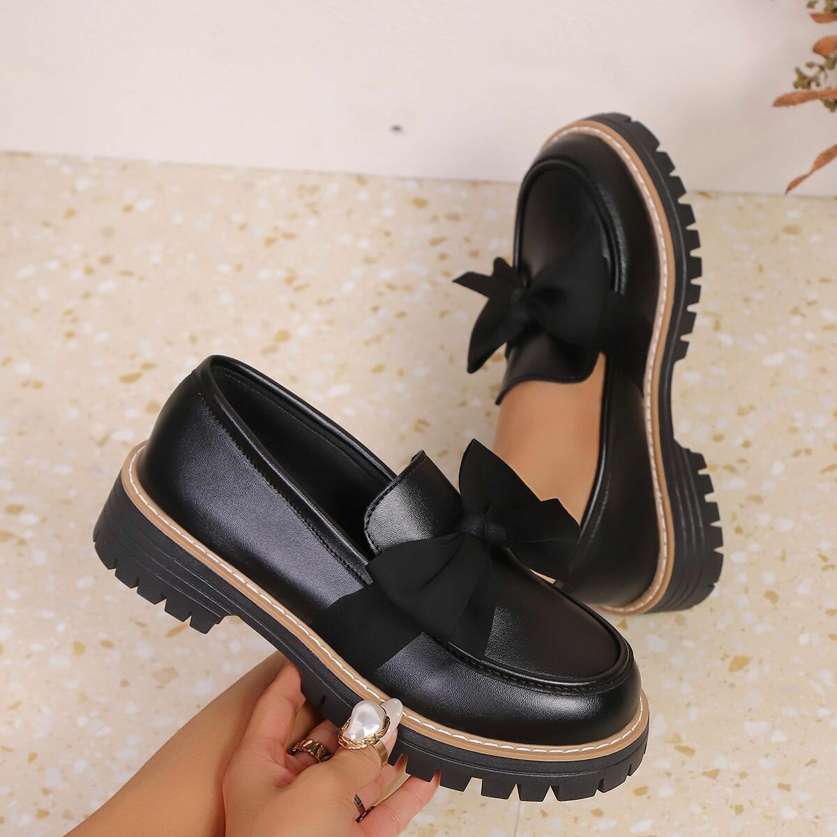 JYL Лоферы черные Дам-стильниц Ретро Модные Кожаные туфли с бантиком/Matte Black