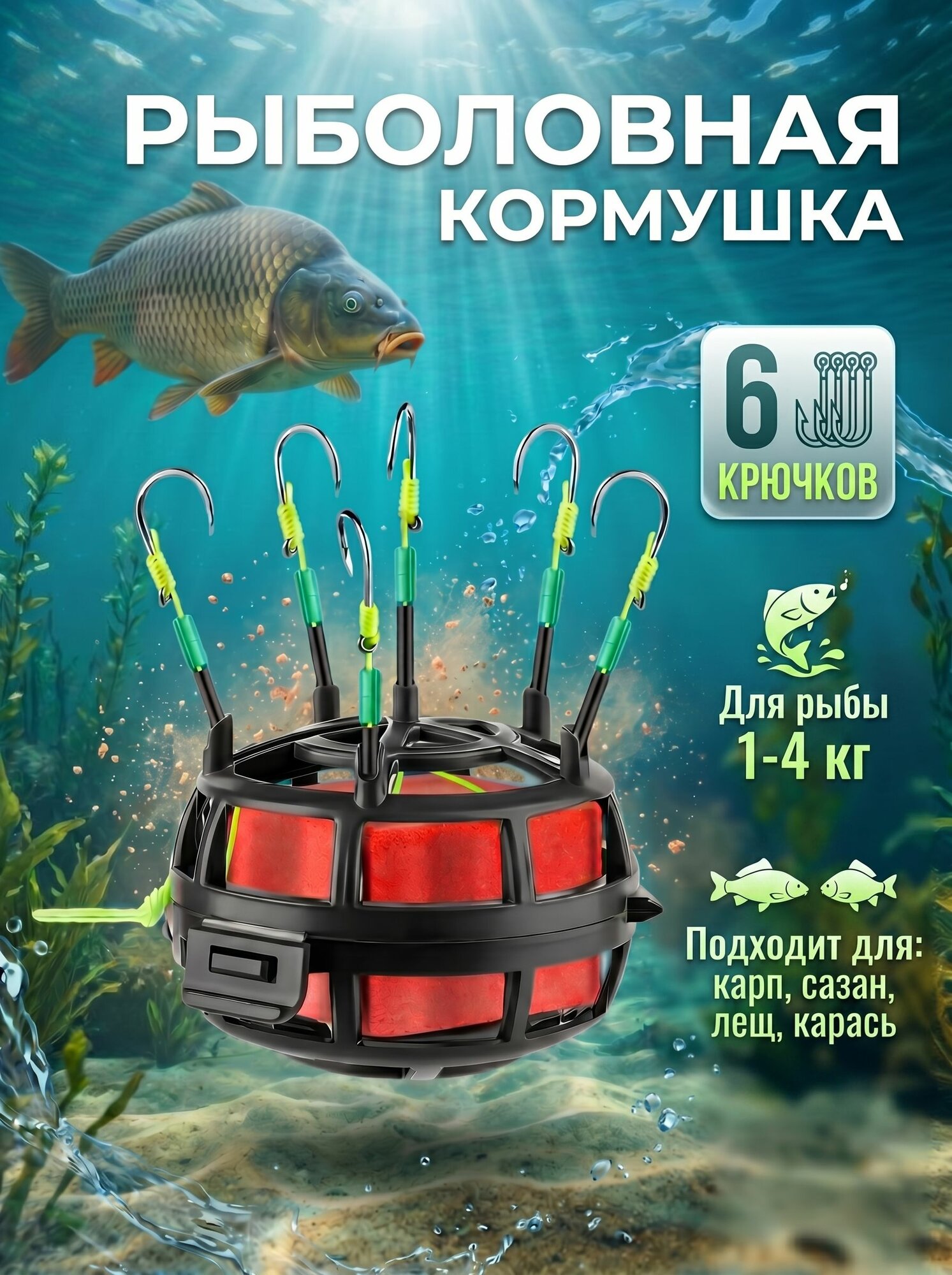 Плавающая донная кормушка 360 с 6 крючками, 1 шт для карпа, тилапии и сома