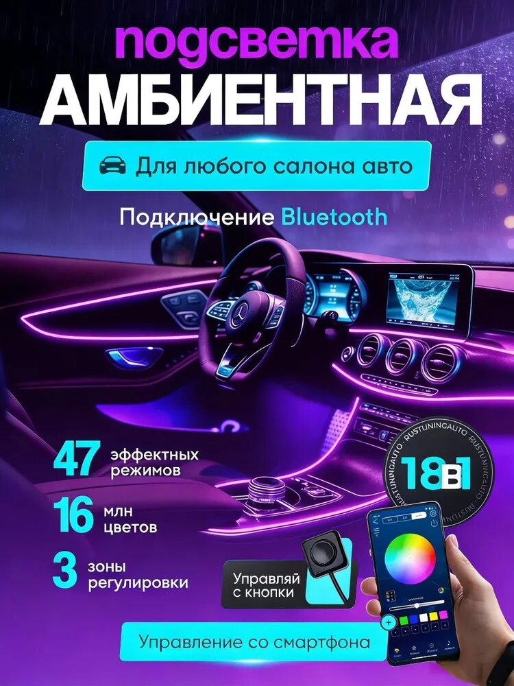 Контурная подсветка на весь салон автомобиля 18 в 1