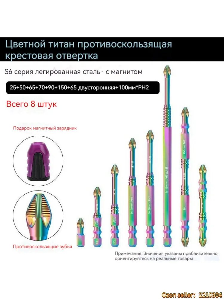 Биты для шуруповерта S6: Ударопрочные крестовые с титановым покрытием и сильным магнитом надежного захвата