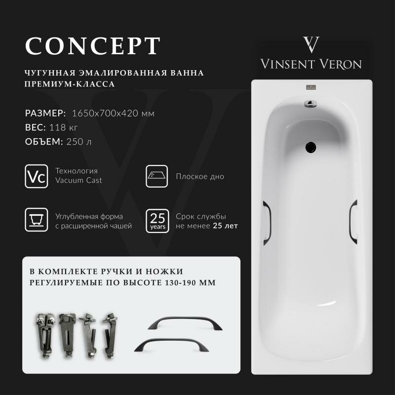 Vinsent Veron Чугунная ванна Concept 165x70x42 с квадратными черными матовыми ручками VCO1657042H/VH0012BL Vinsent Veron