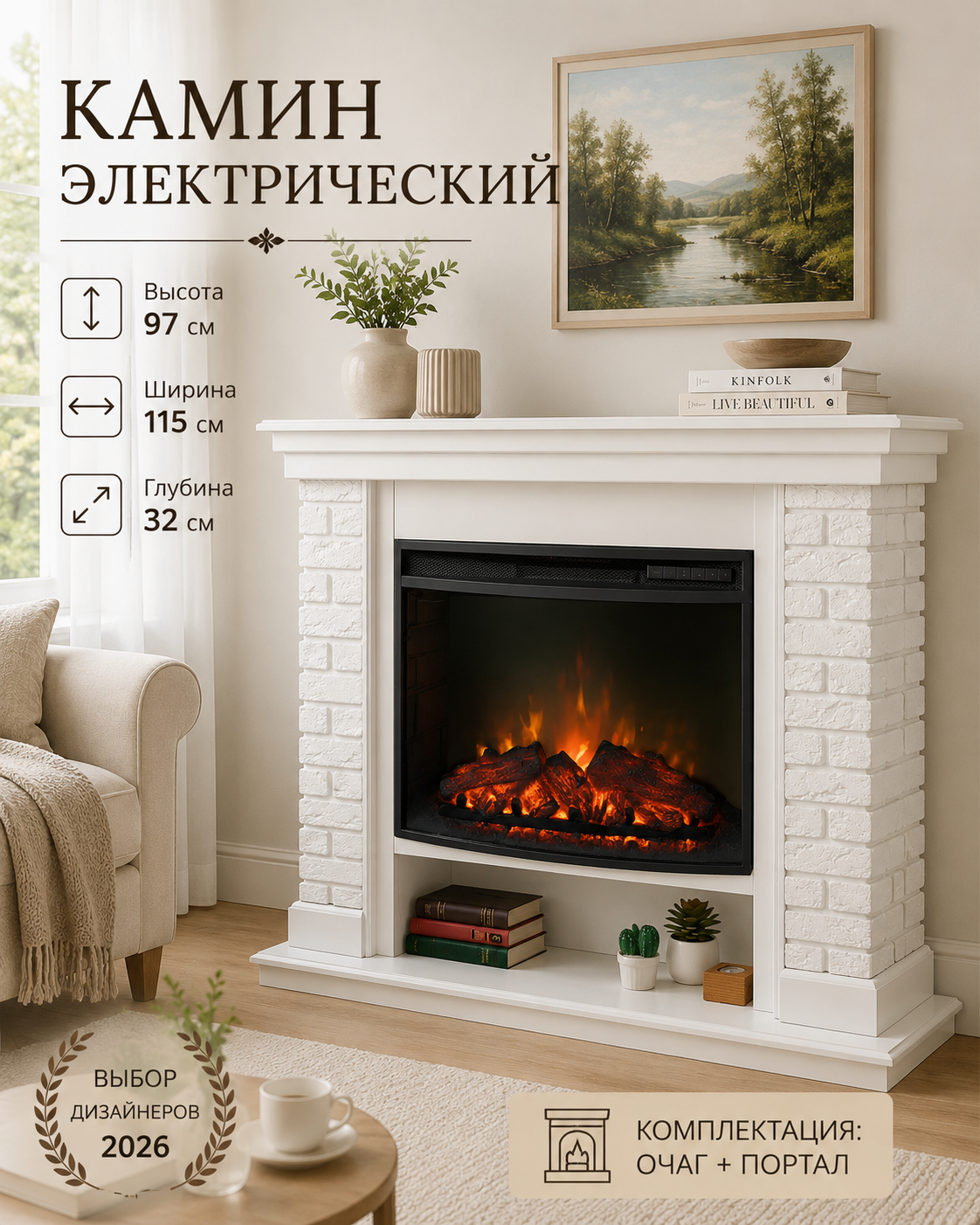 Электрокамин RealFlame Brixton WT c Evrika 25,5, панорамное стекло, обогрев, звуковой эффект, пульт ду