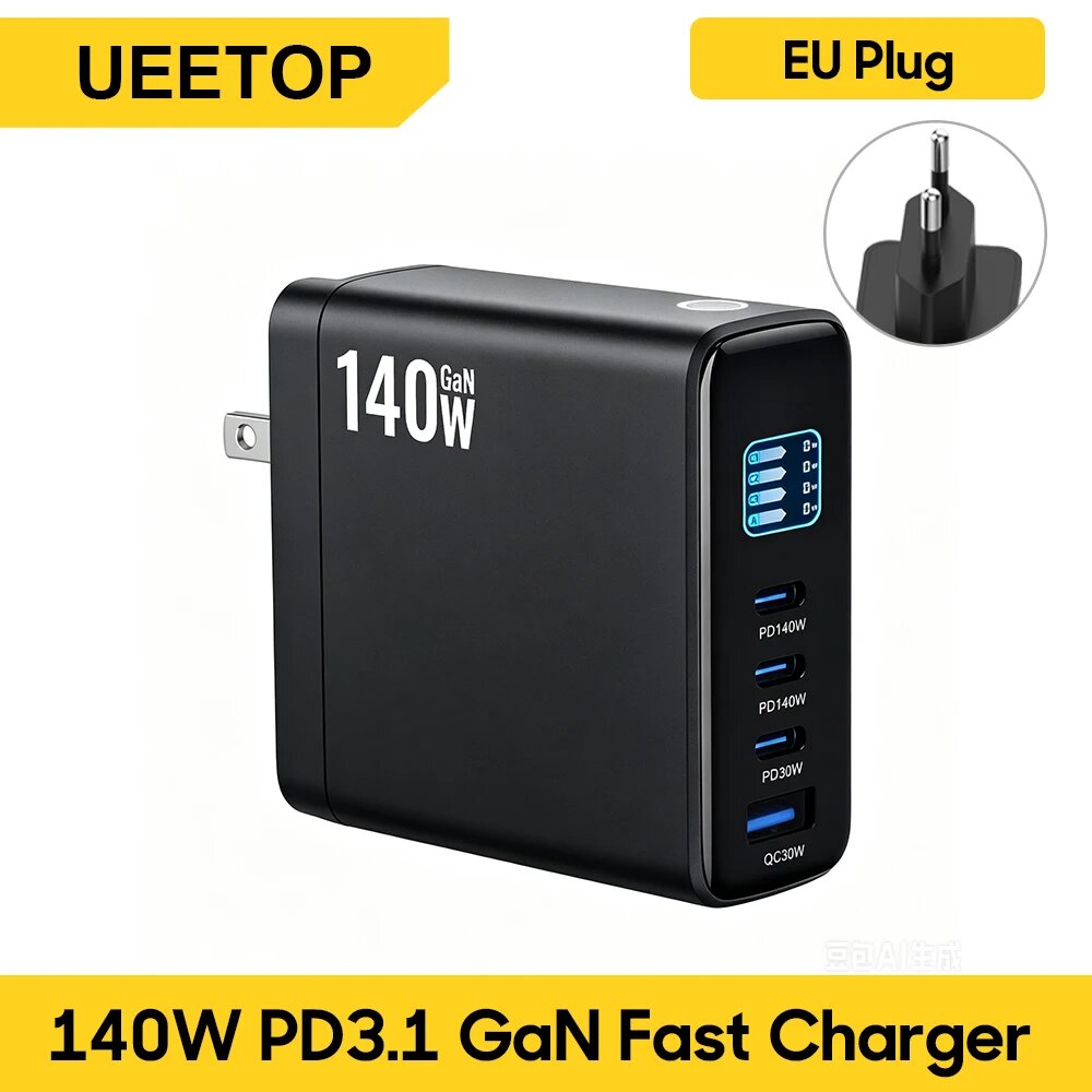 Быстрое Зарядное Устройство GaN 140 Вт С 4 Портами USB-C И Интеллектуальным Дисплеем PD3.1 EU Plug