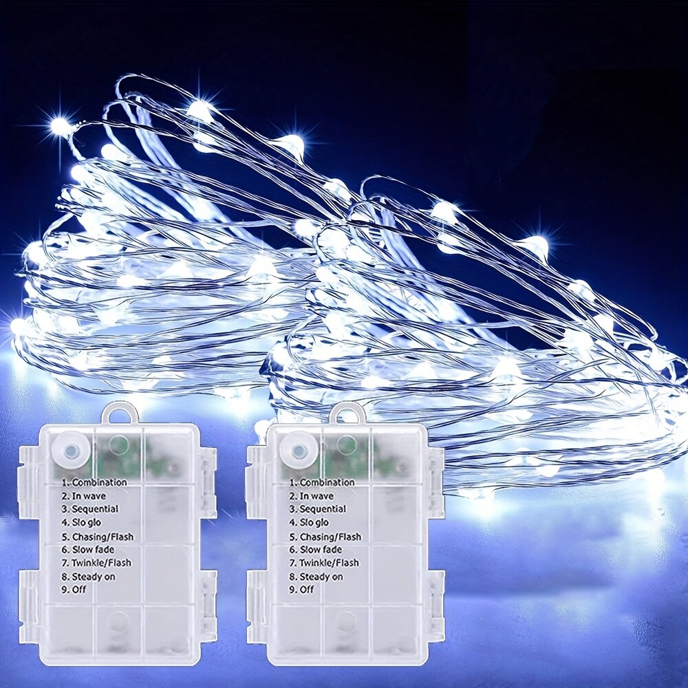 Гирлянда светодиодная 2 шт, 50 LED, 16 FT, на батарейках, 8 режимов, IPX6, белый