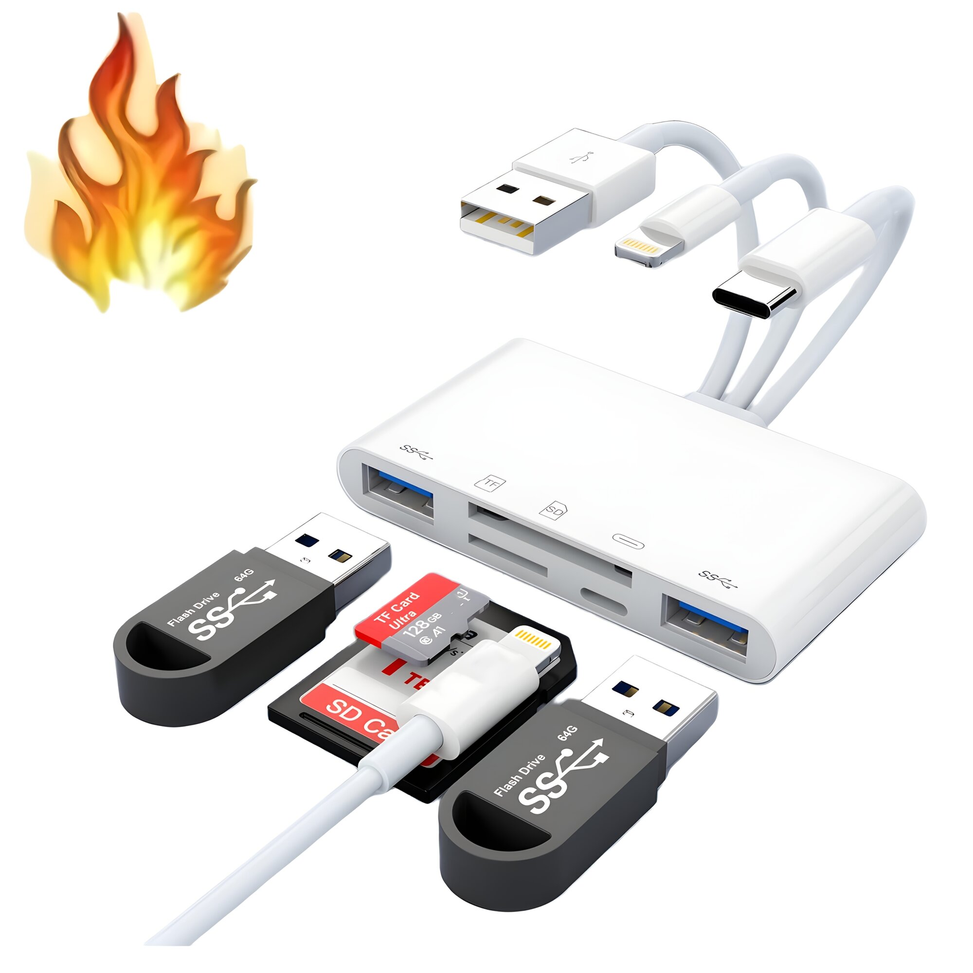 Картридер 5-в-1, белый, для SD/TF/USB-флешки, OTG для iPhone, Android, iPad, ПК