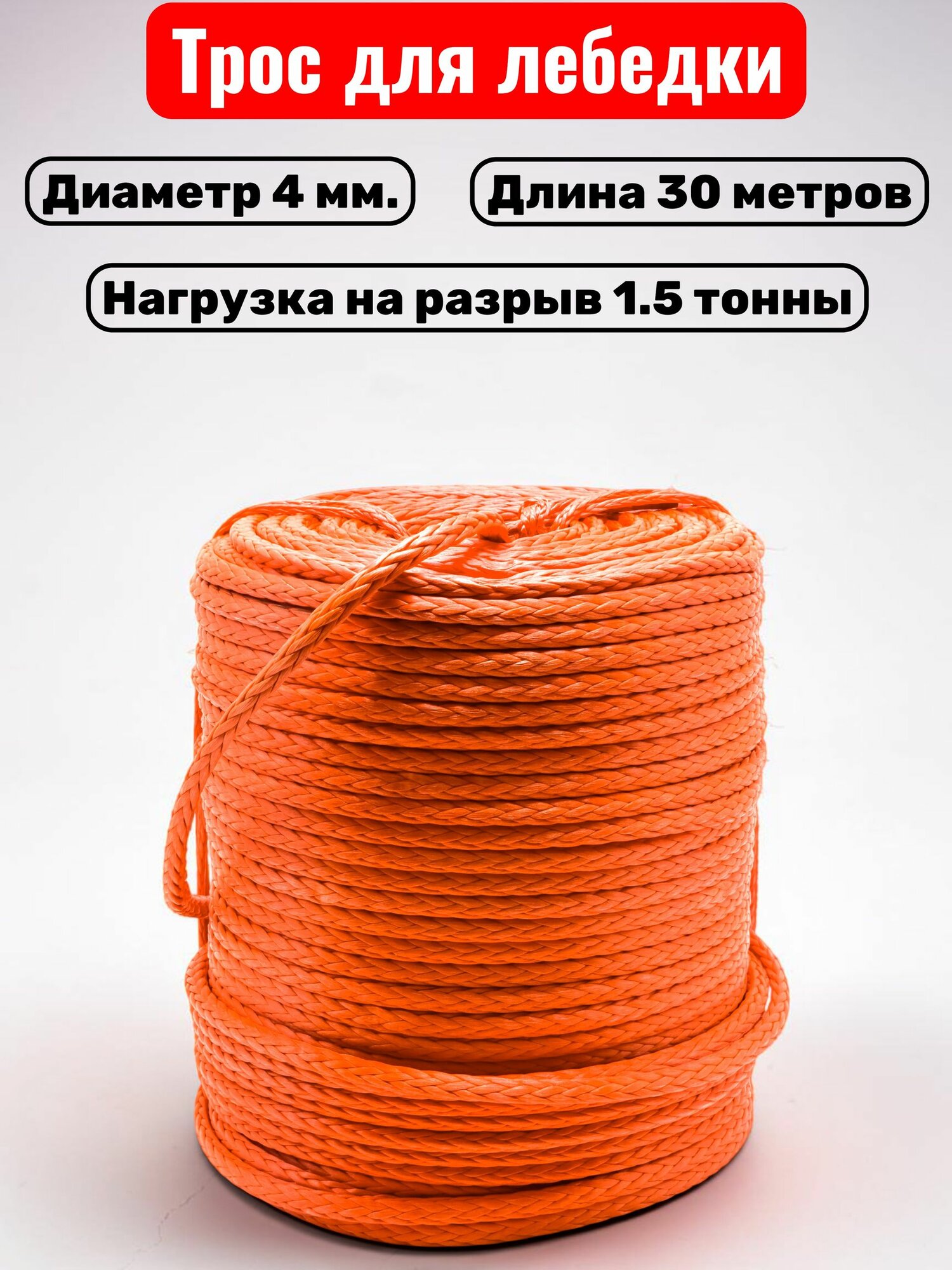 Синтетический трос для лебедки 4 мм на отрез 1,5 тонны 30 метров / Кевларовый трос