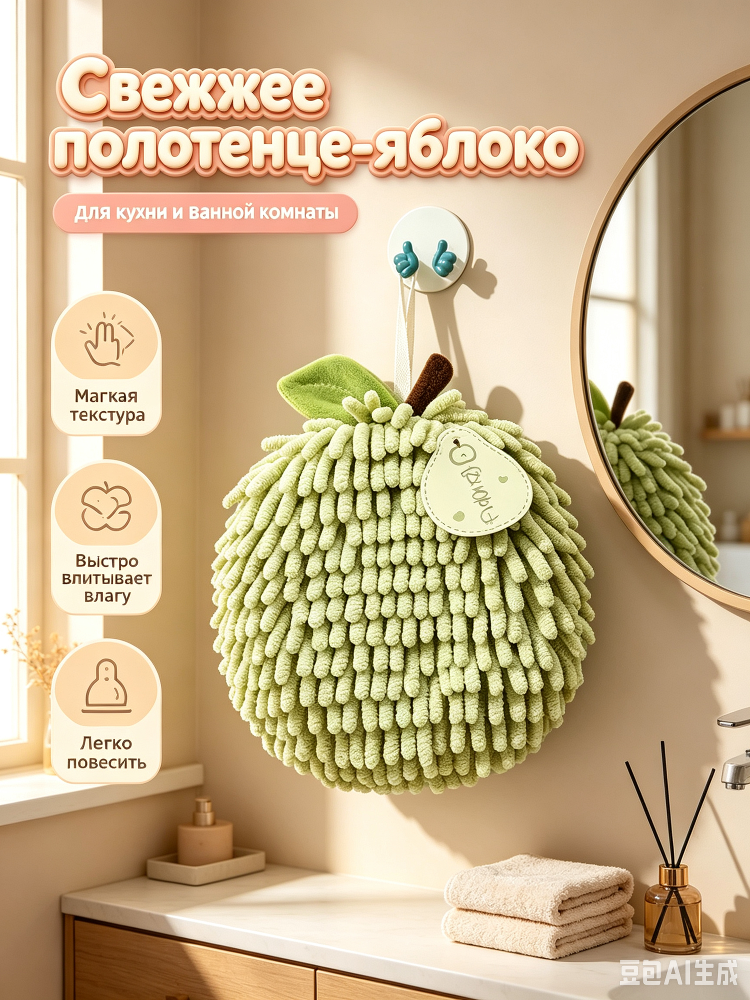 Зелёное мягкое абсорбирующее полотенце из шенилла с петелькой для кухни и ванной