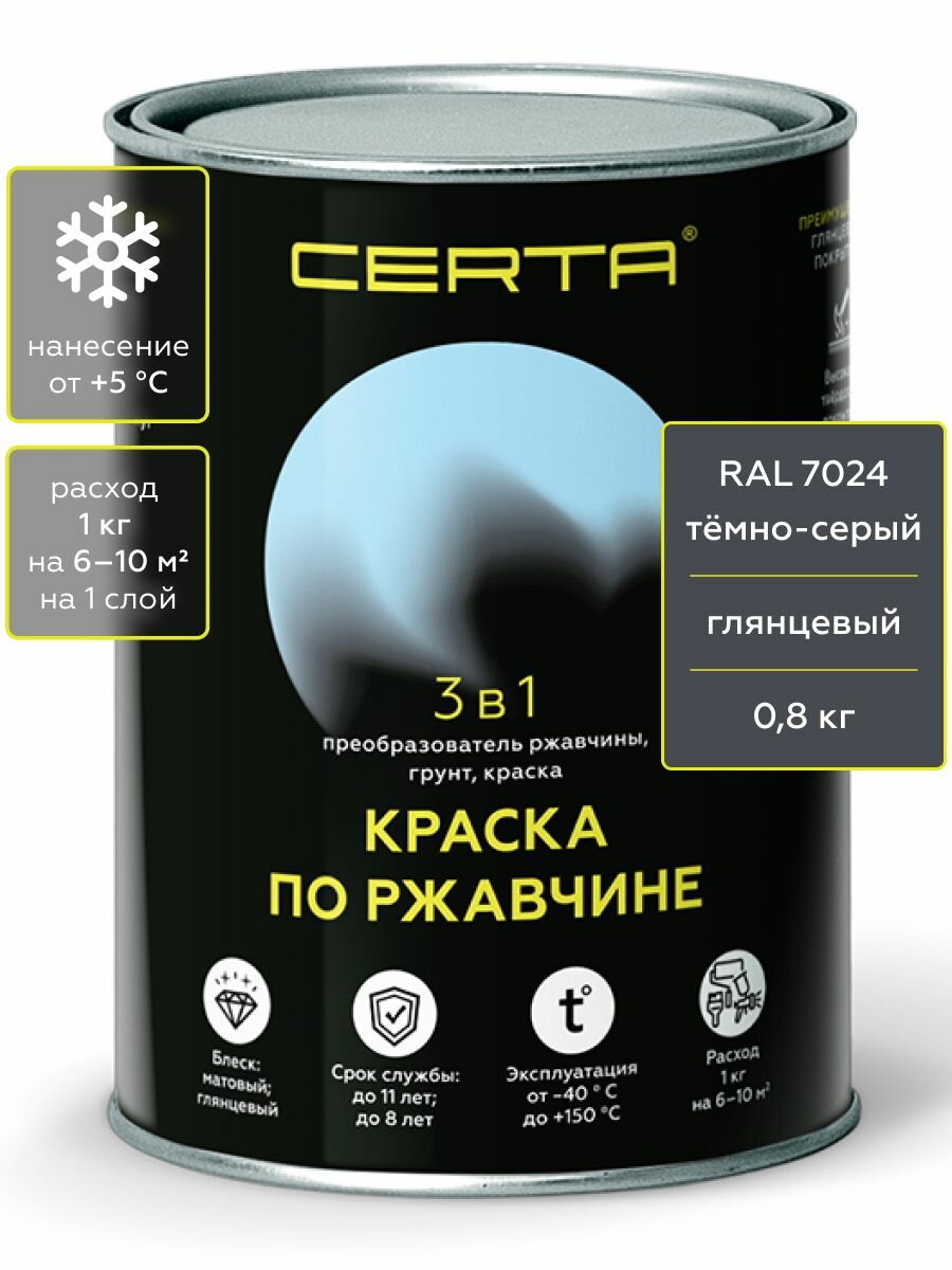 Грунт-эмаль CERTA 3 в 1, краска по металлу, по ржавчине, глянцевое покрытие, темно-серая RAL 7024 0,8 кг