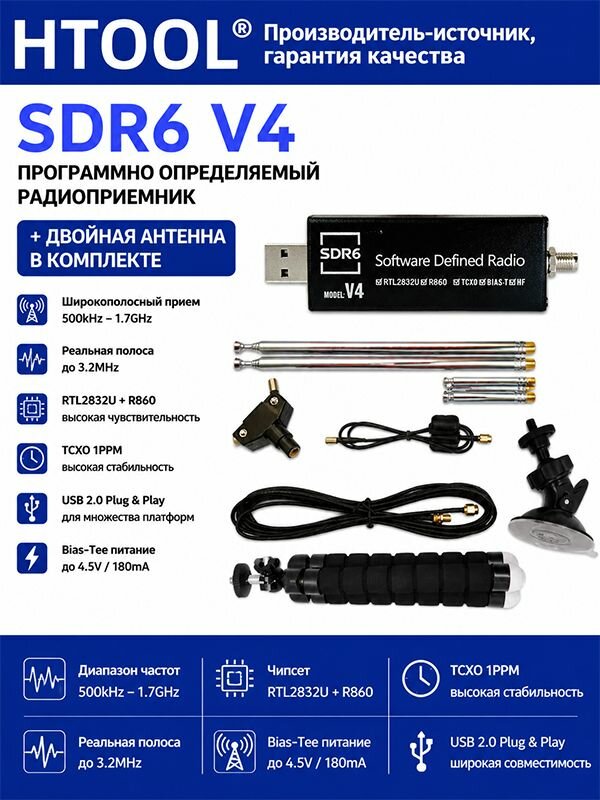 SDR6 V4 USB приемник RTL2832U R860 с комплектом двойной антенны, расширенный диапазон приёма