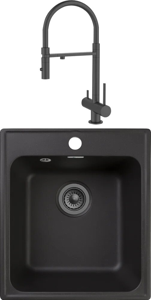 Комплект Мойка GranFest Quarz Z17 42x48, черная, кварц / Смеситель IDDIS Эйс (Ace) ACEBLFFi05 с гибким изливом, матовый черный, черный матовый, с гибким изливом