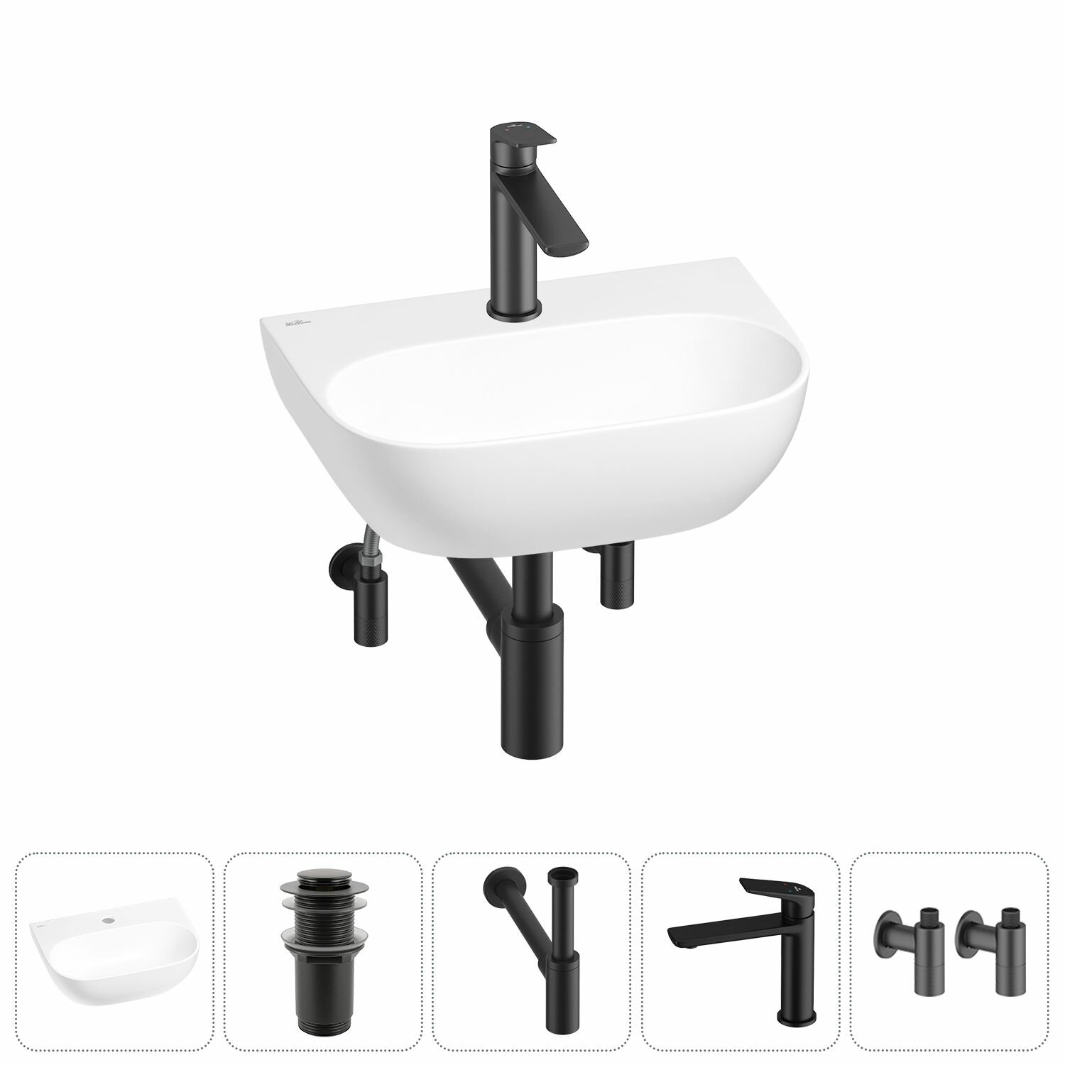Подвесная раковина для ванной или туалета Wellsee WC Area 20212198R в наборе 5 в 1: мини раковина 42 см (белый глянец), донный клапан, сифон, смеситель, вентили (цвет набора матовый черный)