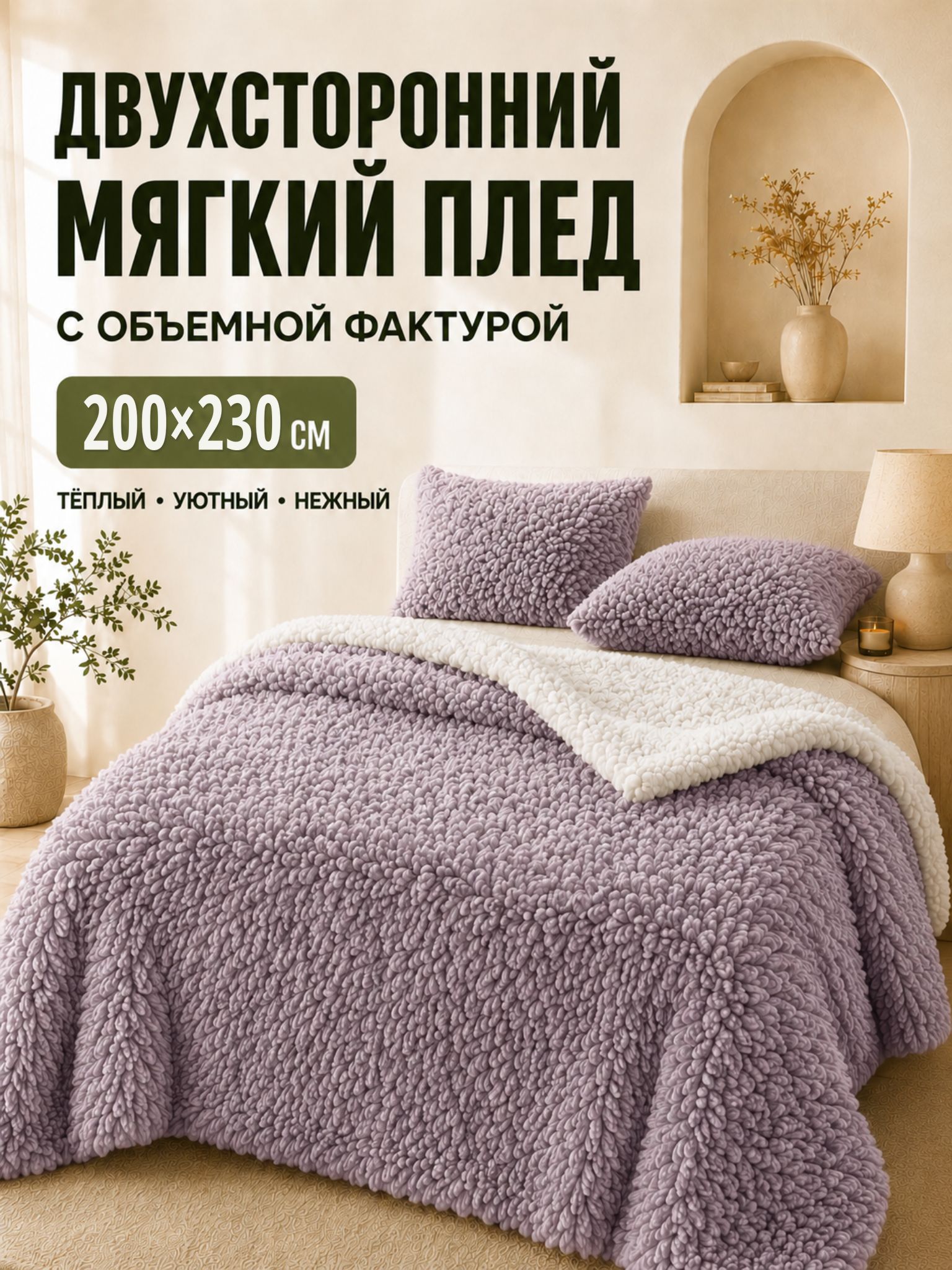 Плед 230x200 см, утолщенный двусторонний из велсофта и флиса, для дивана и кровати