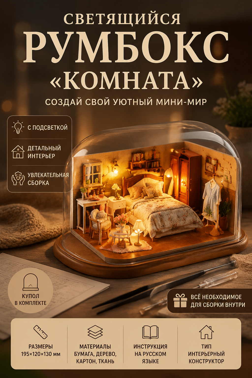 Светящийся румбокс «Комната» с куполом и инструментами для сборки, 195×120×130 мм