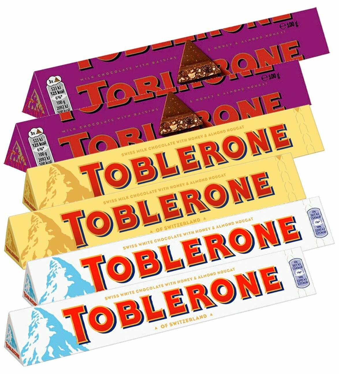 Шоколад Toblerone с медово-миндальной нугой набор (с изюмом, молочный, белый), 6шт
