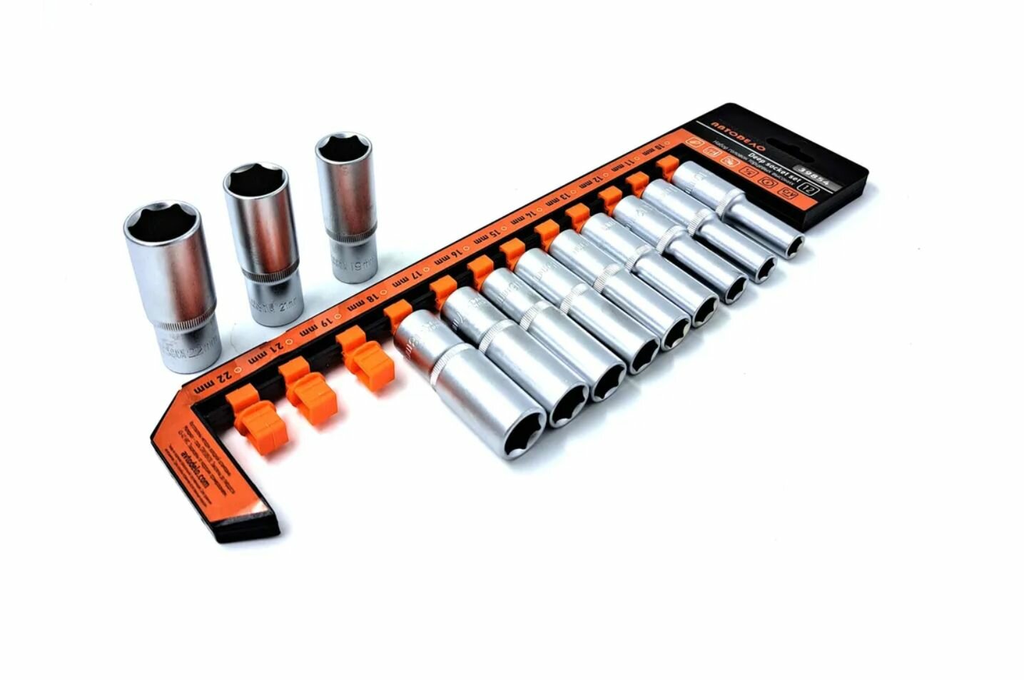 Набор торцевых головок 1/2 шестигранные высокие, глубокие головки со вставкой HEX 10-22 мм 12 шт.