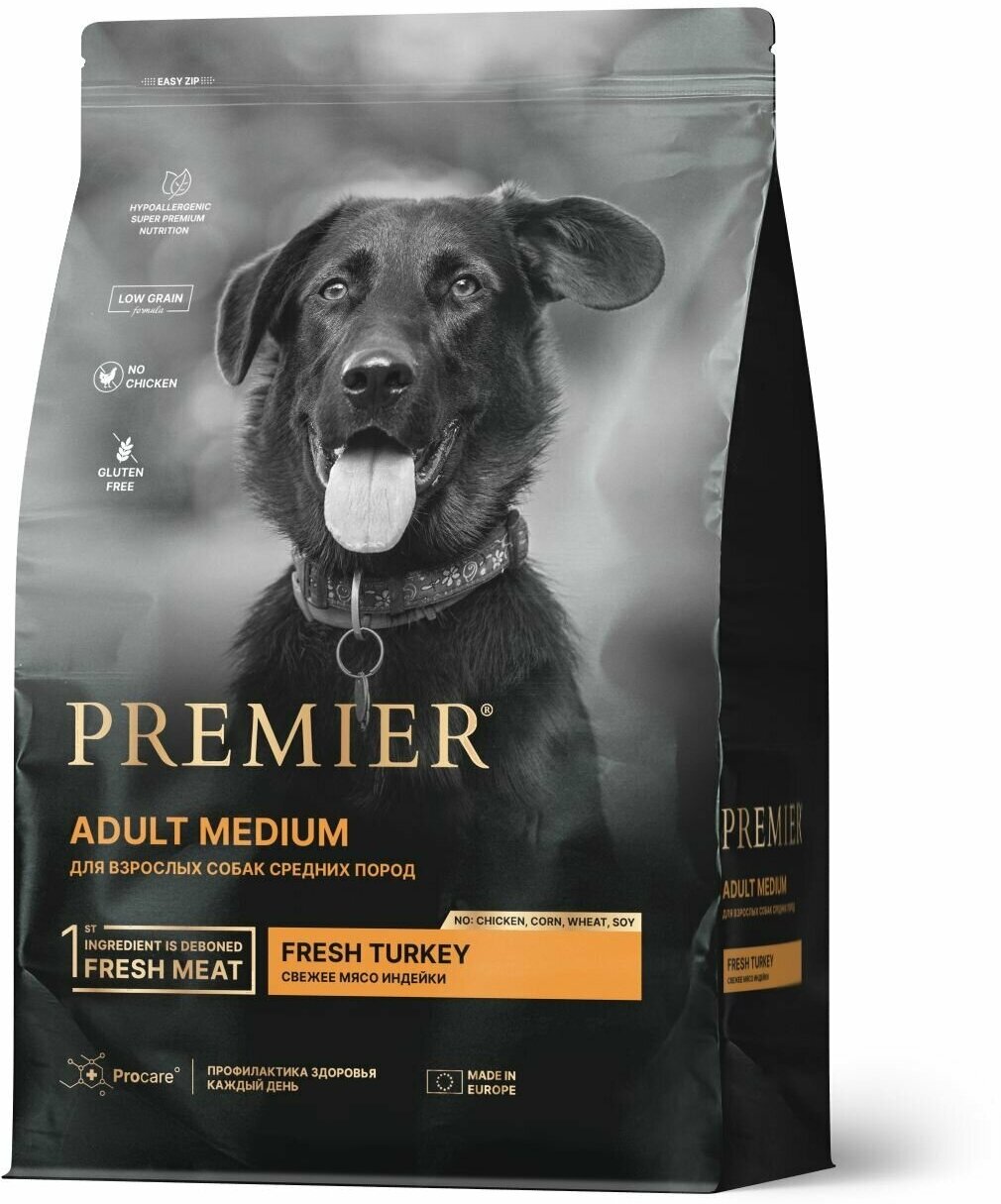 Сухой корм для собак Premier Dog Turkey ADULT Medium (Свежее мясо индейки для собак средний пород) 3 кг.