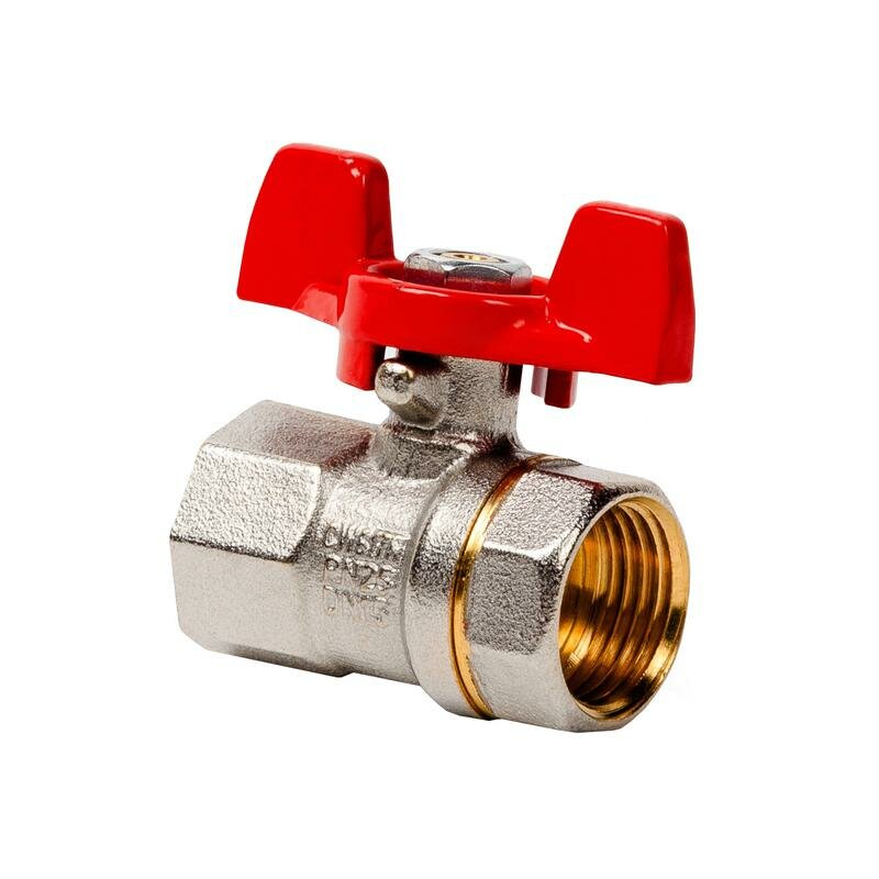 Кран шаровой ручка бабочка латунь внутр./внутр. резьба 1дюйм PN25 никель (инд. упак.), RTP 34873 (1 шт.)