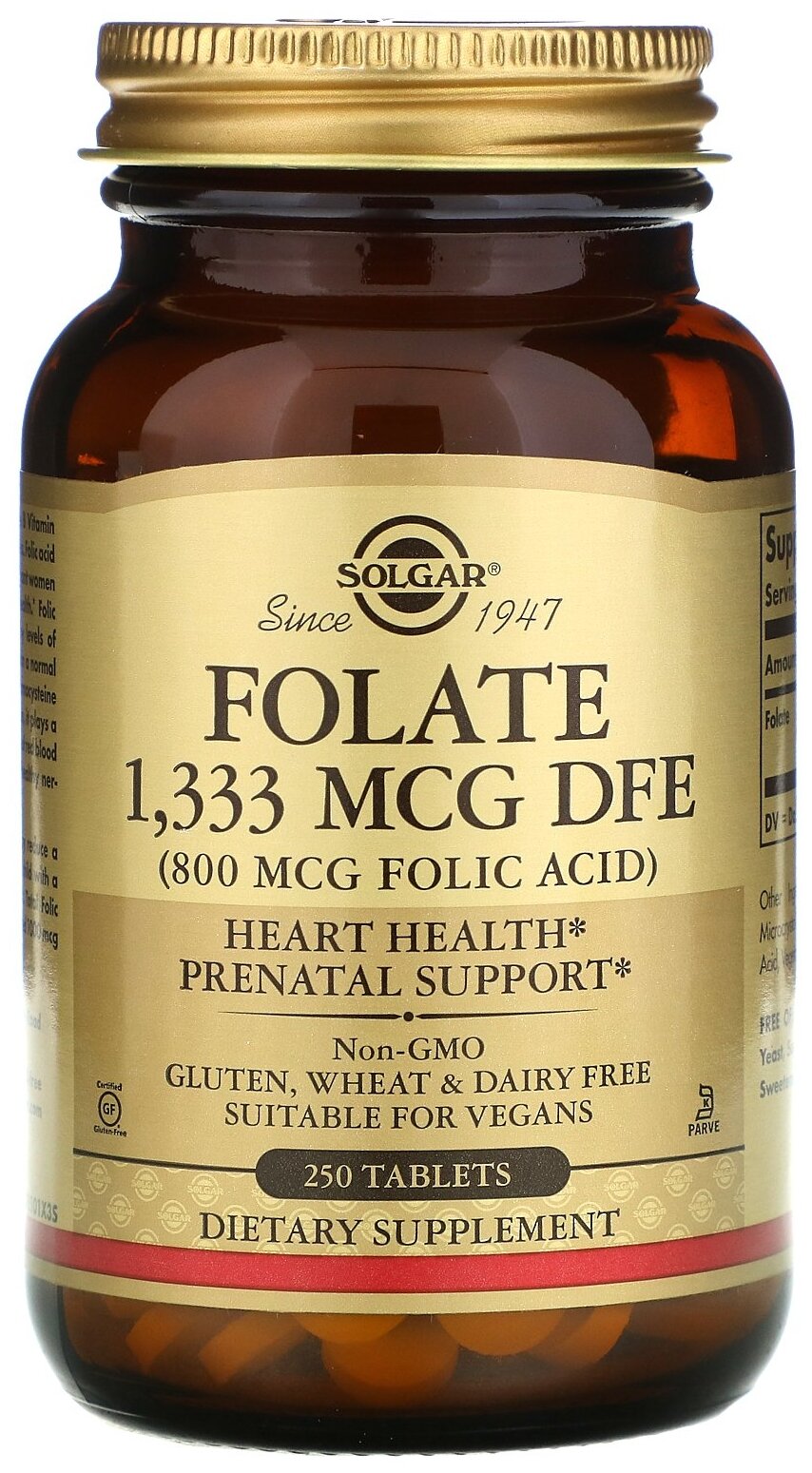 Таблетки SOLGAR Folate 1333 мкг DFE (Folic Acid 800 мкг), 800 мкг, 250 шт.