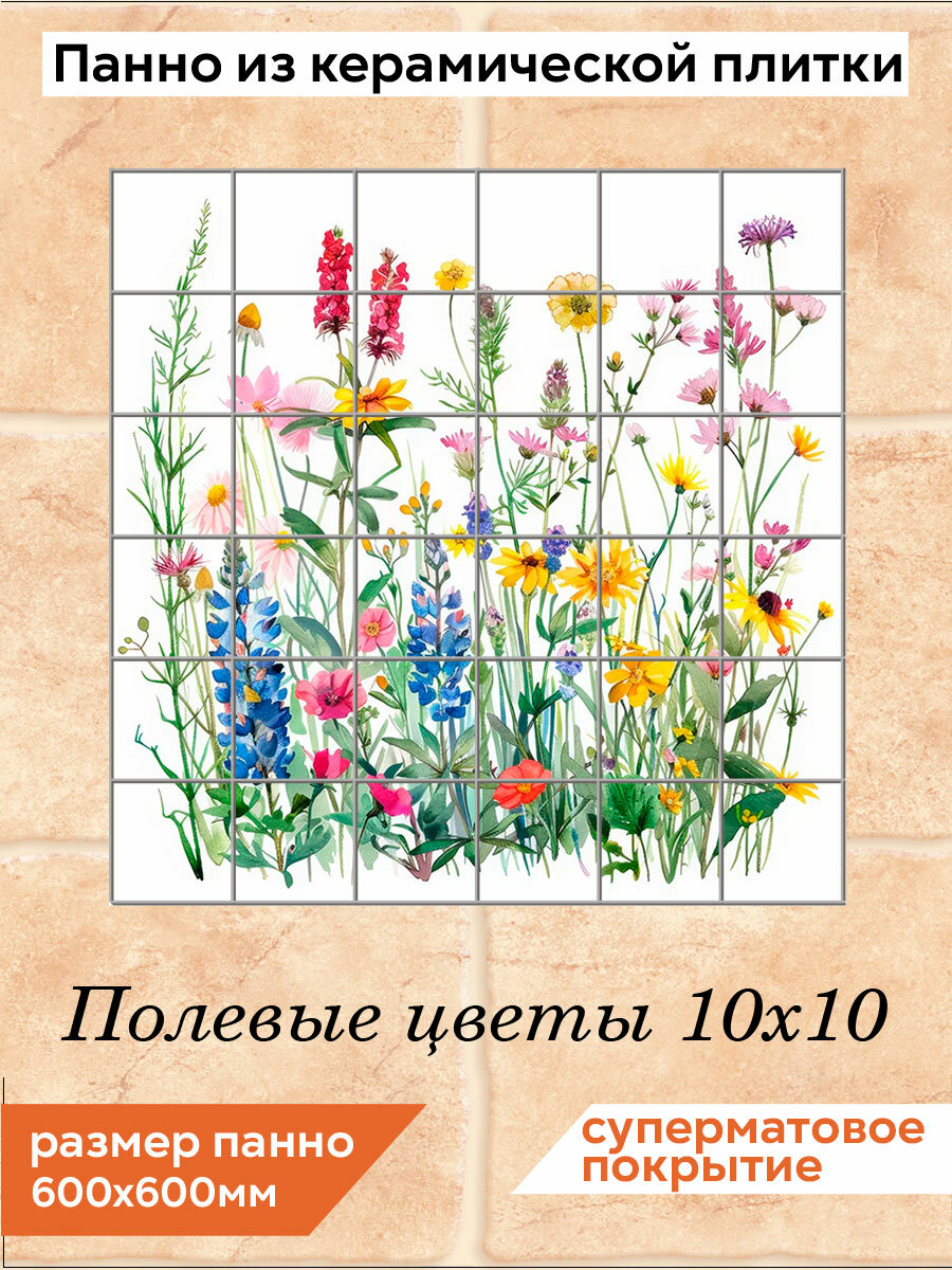 Панно из плитки Fres-co "Полевые цветы 10х10", керамическое, суперматовое, декоративное, 60х60 см