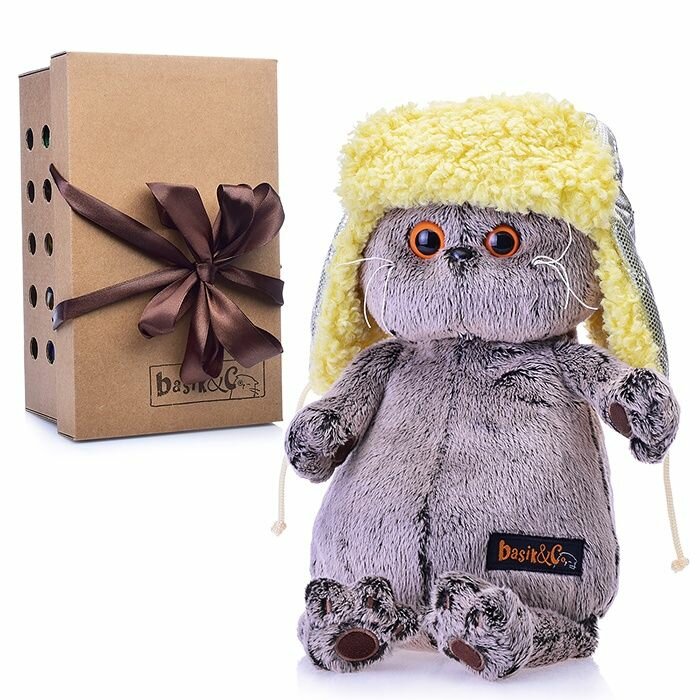 Кот игрушечный мягкий Basik&Сo Басик в стеганой шапке-ушанке (Ks25-186)