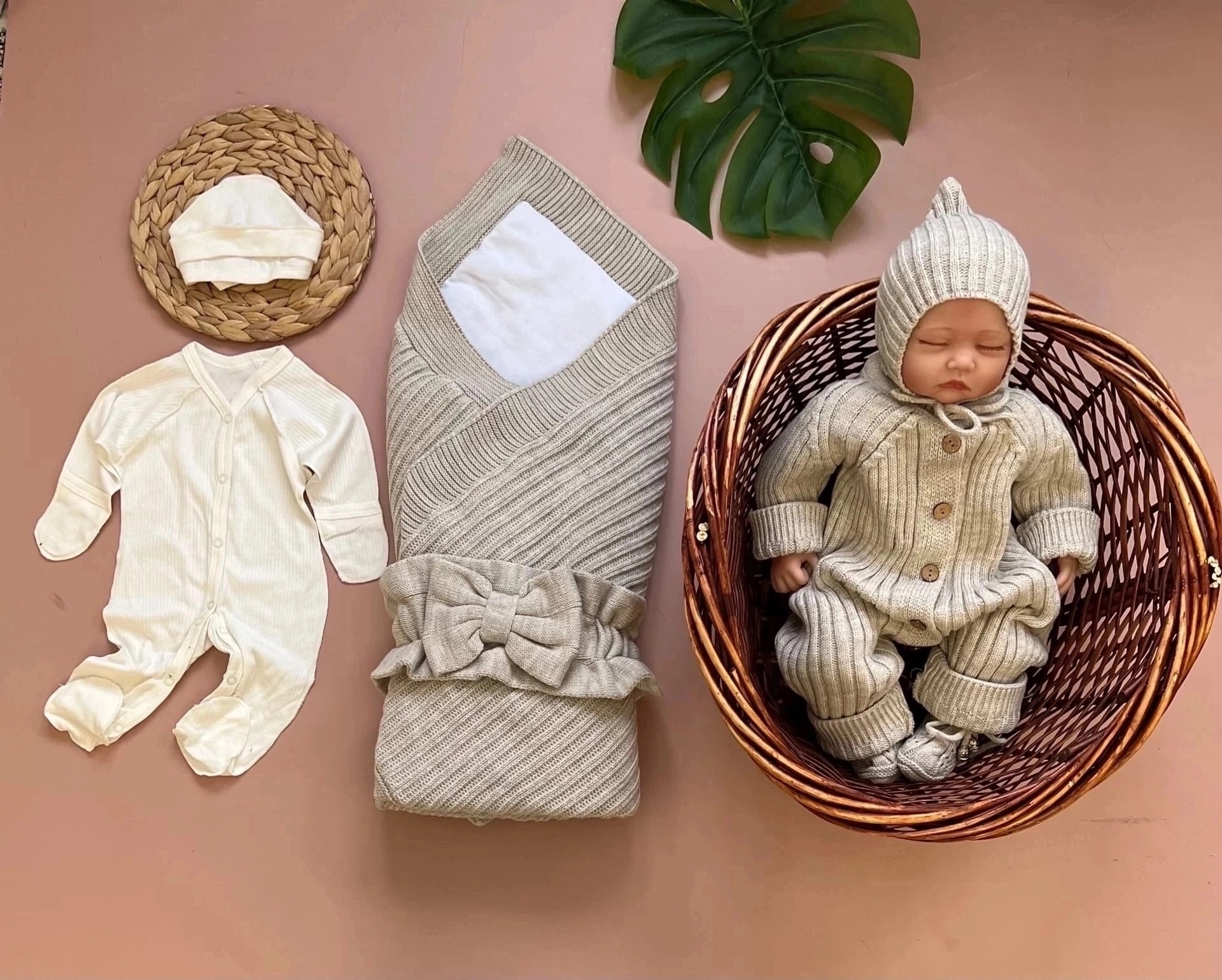 Конверт для новорожденного вязаный 0-6 месяцев комплект на выписку в роддом на прогулку весна лето крем