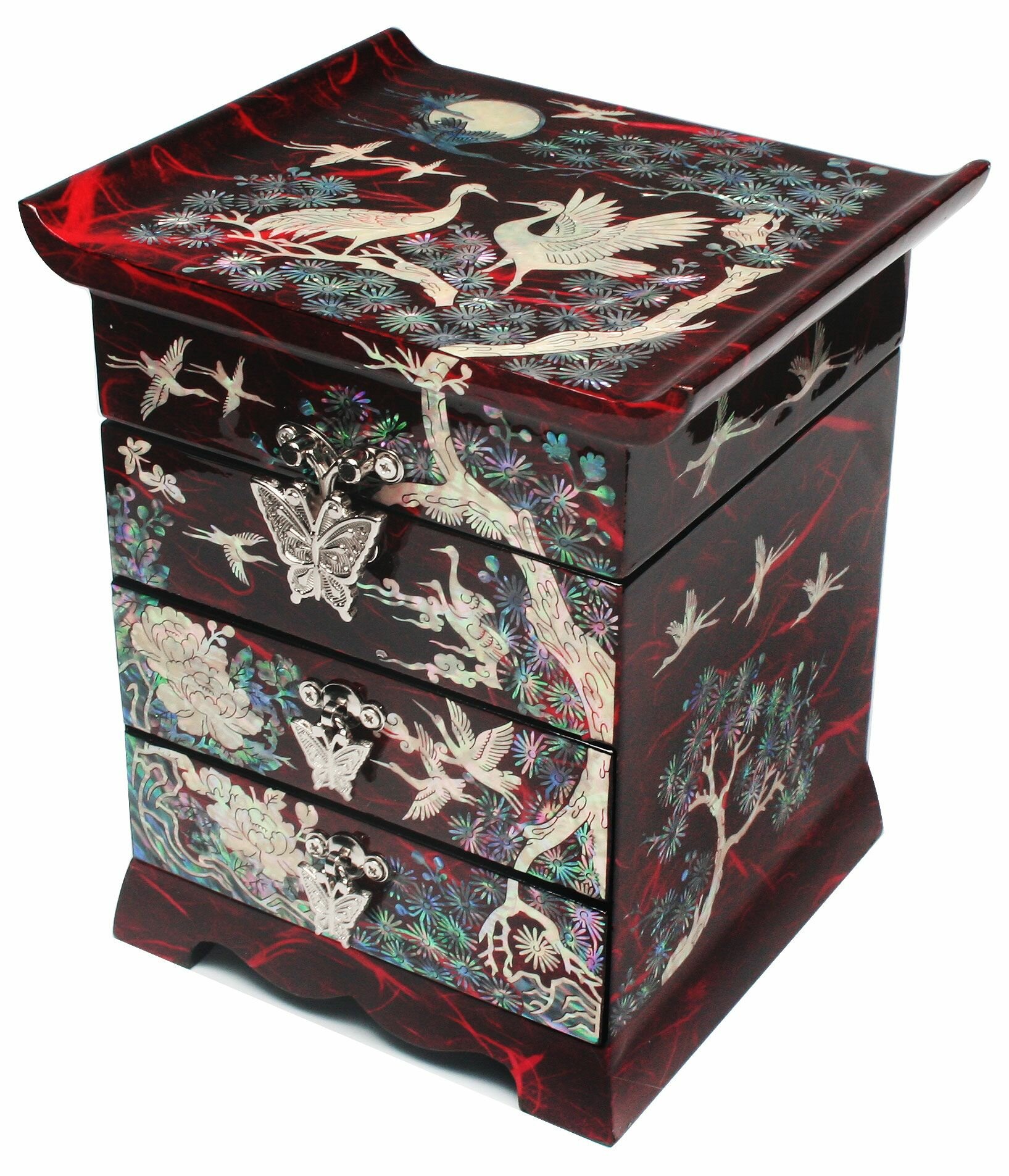 Шкатулка-сундучок Журавли ручной работы красная, Южная Корея 145x130x170мм