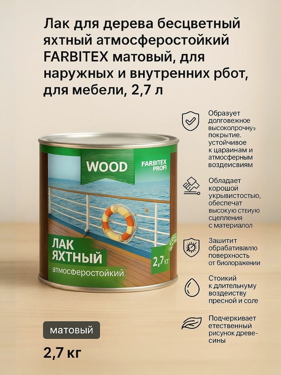 Лак уралкидный яхтный атмосферостойкий матовый (2.7 л) FARBITEX профи WOOD