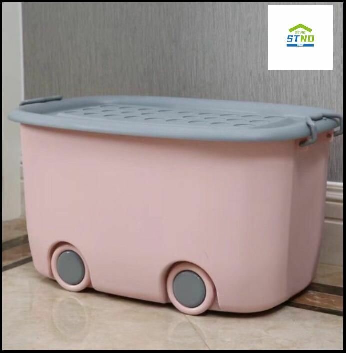 Ящик-контейнер для игрушек, пластик/корзина-органайзер на колесиках, для хранения игрушек, 60 литров, розово-серый