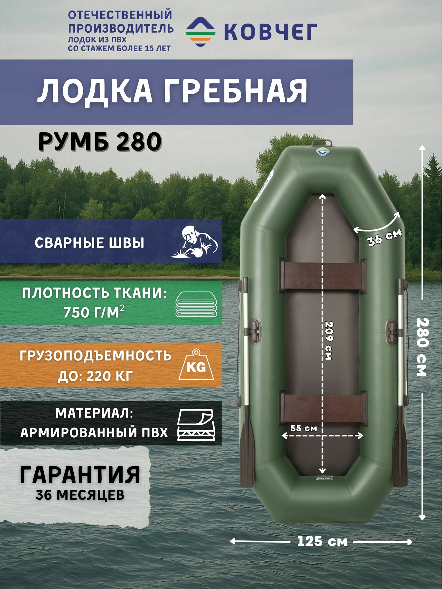 Лодка гребная ПВХ Румб 280, надувная для рыбалки (зеленый)