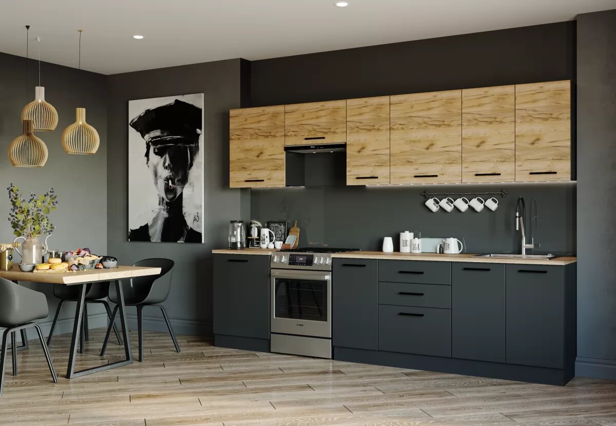 Кухонный гарнитур Sanvut Дели-3000 столешница 38 мм, каркас ЛДСП, фасад ЛДСП, Антрацит/Дуб крафт