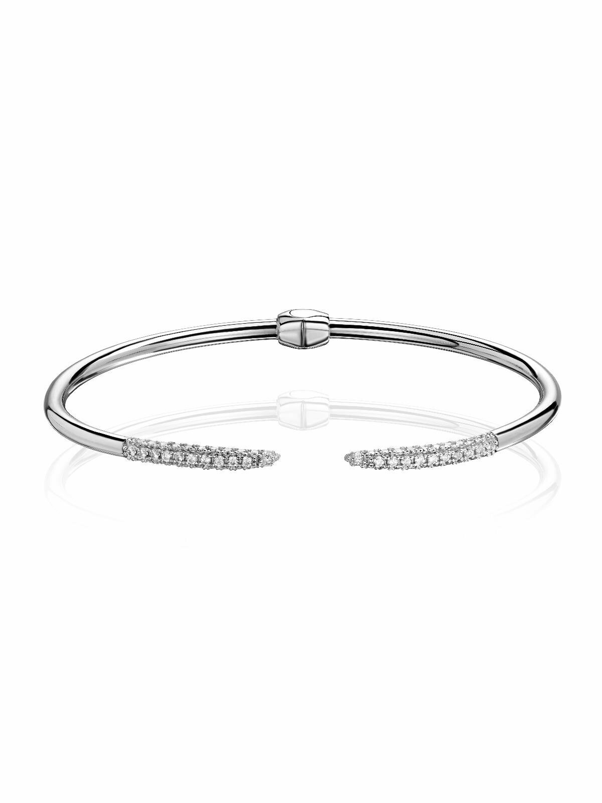 Жесткий браслет, серебро, 925 проба, родирование, фианит