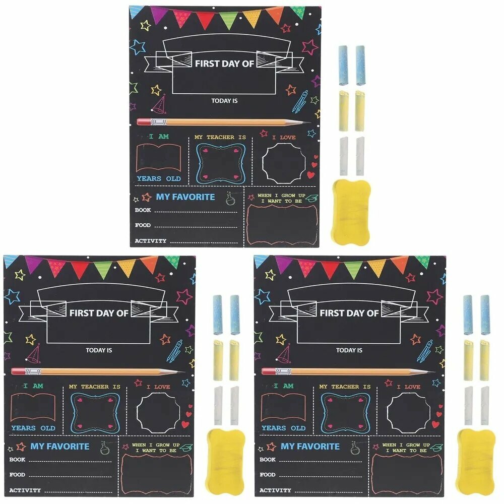 Комплект из 3 двусторонних школьных меловых досок из дерева и пластика для детей с мелками и магнитной губкой