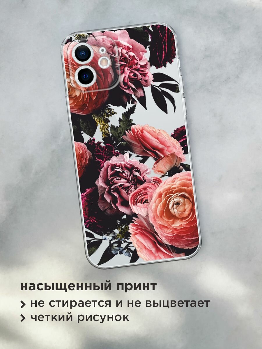 Чехол на Apple iPhone 12 mini / Айфон 12 Мини с принтом "Бордовые винтажные цветы", прозрачный — фото 1