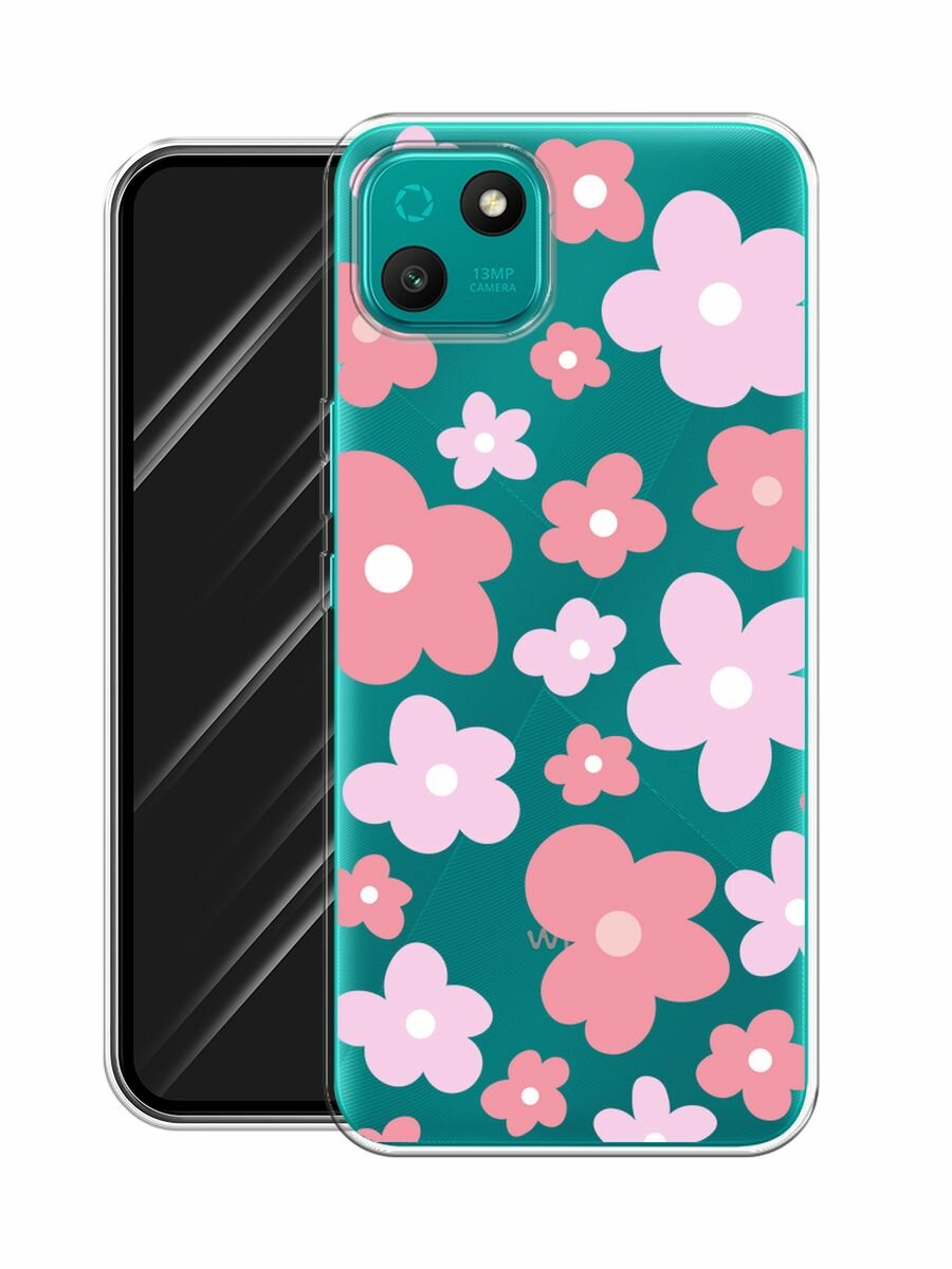 Чехол на Wiko T10 / Вико Т10 с принтом "Нежные розовые цветочки рисунок", прозрачный — фото 1