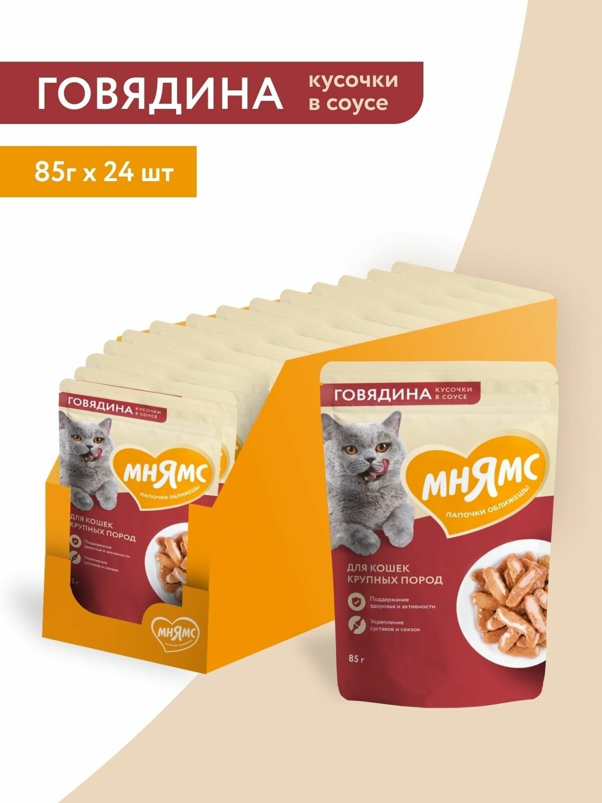 Мнямс - Пауч для крупных кошек, кусочки в соусе с говядиной 85г (Упаковка 24 шт)