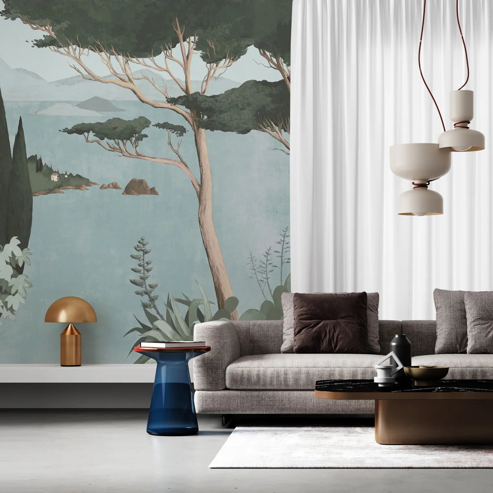 Обои Pixel&Wall "Панорама гор и озера", зеленые, древесноволокнистые 50cm X30cm Sample